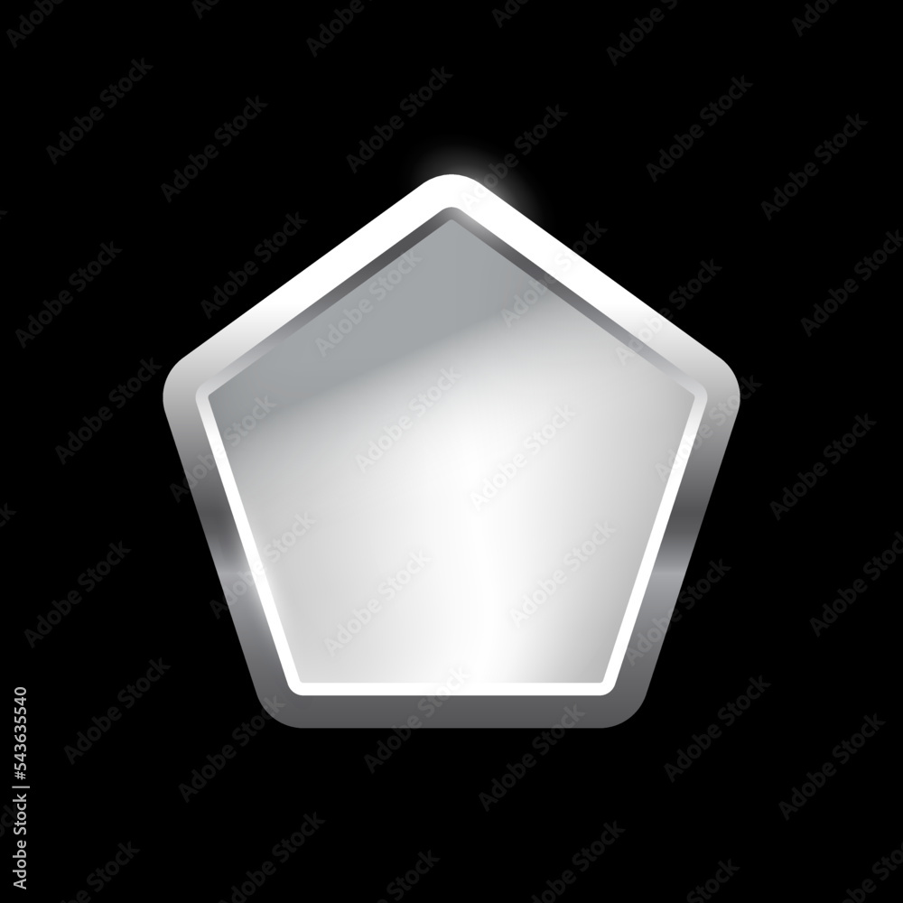 Silver pentagon button with frame vector illustration. 3d steel glossy ...