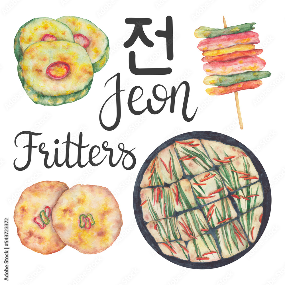 Watercolor illustration of Fritters - Jeon 전 : Pan-fried Zucchini ...