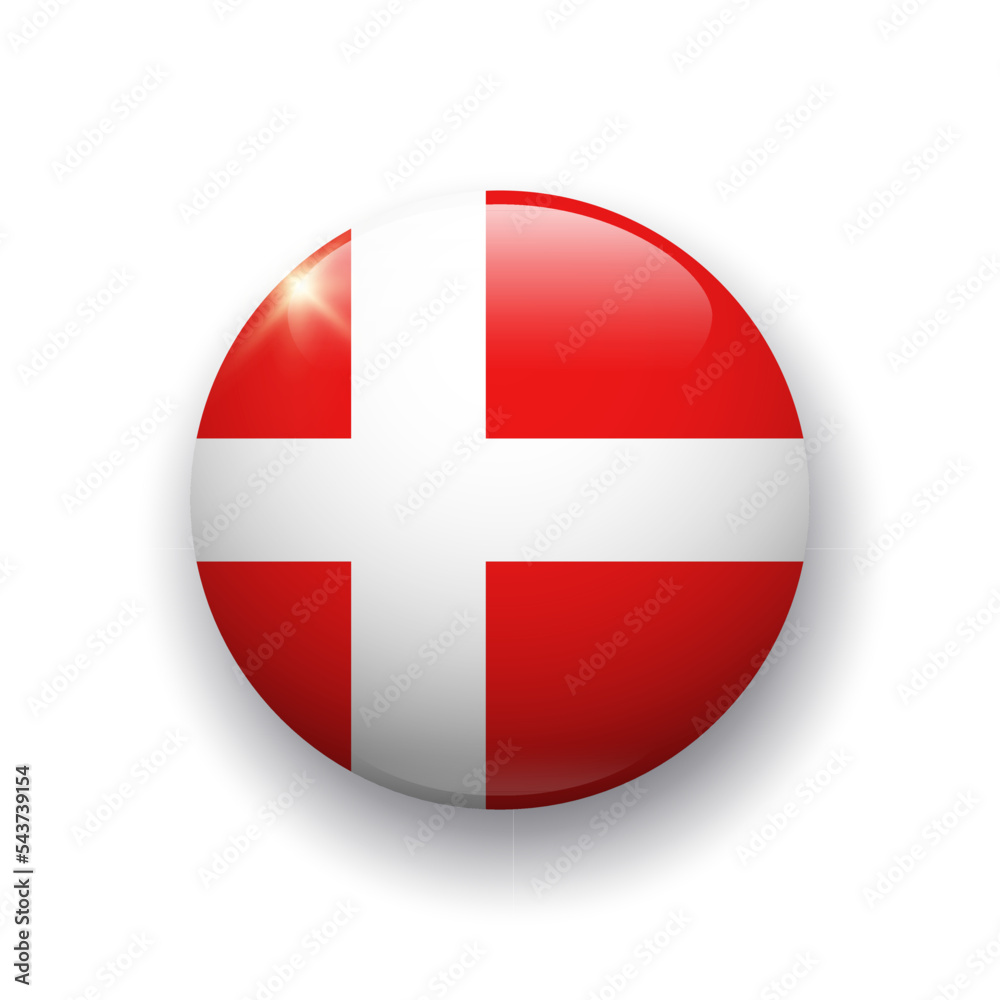 Realistic glossy button with Denmark flag. 3d vector element with ...