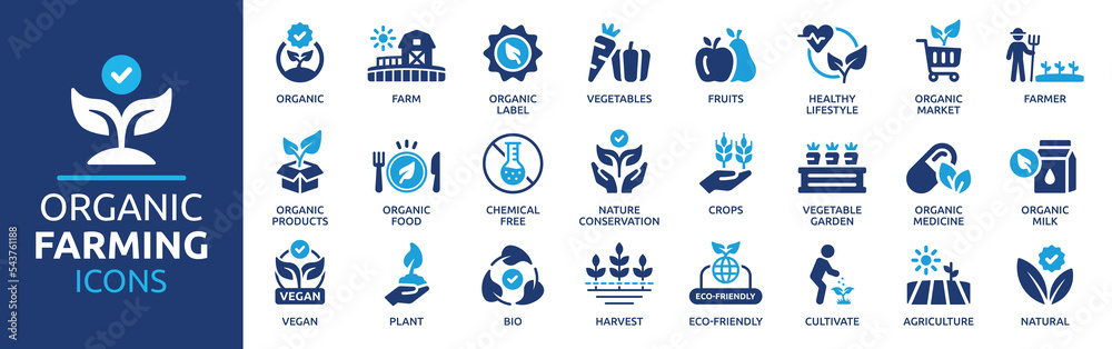 Organic farming icon set. Organic farm product, vegan and bio symbol ...