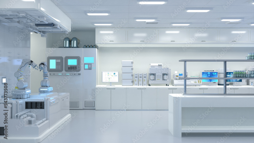 White futuristic laboratory interior in semiconductor manufacturing ...