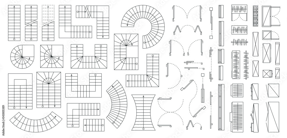 Vector set. Architectural elements for the floor plan. Top view. Stairs ...