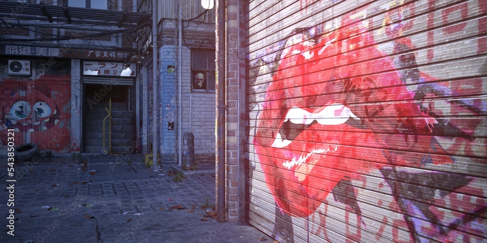 Graffiti of large red female lips on the gate of a brick house. Empty ...