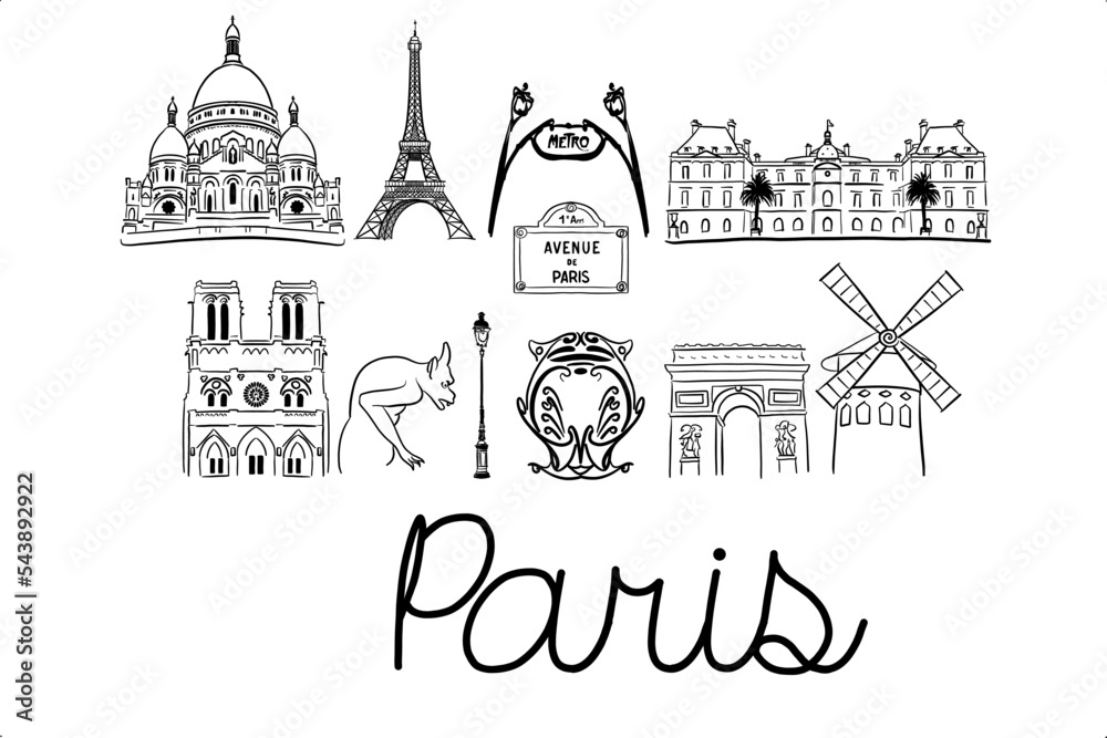 Cute small drawings of famous landmarks in the beautiful city of Paris ...