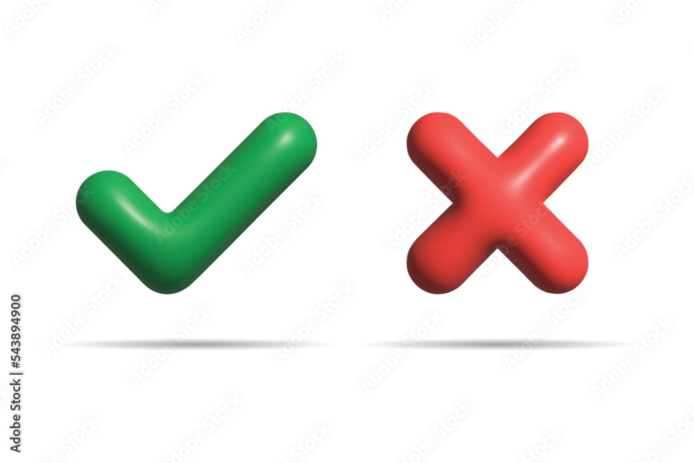 Check mark icon 3d rendering. Realistic right and wrong 3D Button. Set ...