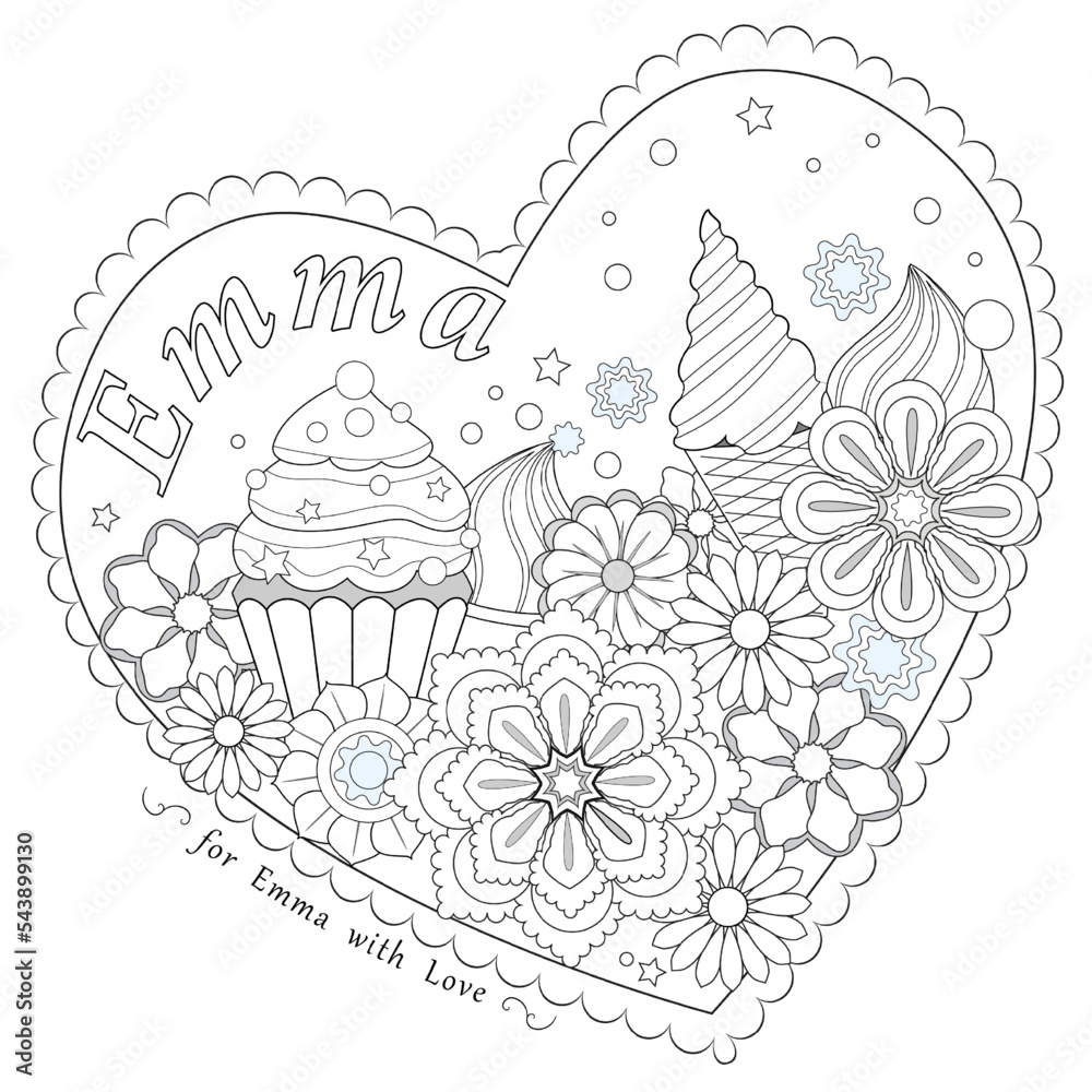 Black and white flower decoration with name Emma, heart frame. Coloring ...