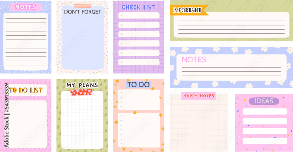 Notepads sheets template. Cartoon kids planner pages, to do and check ...