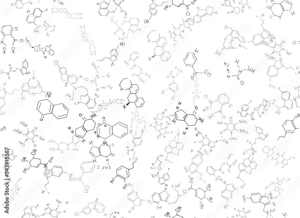 chemical formulas. scientific, educational background on white. hand ...