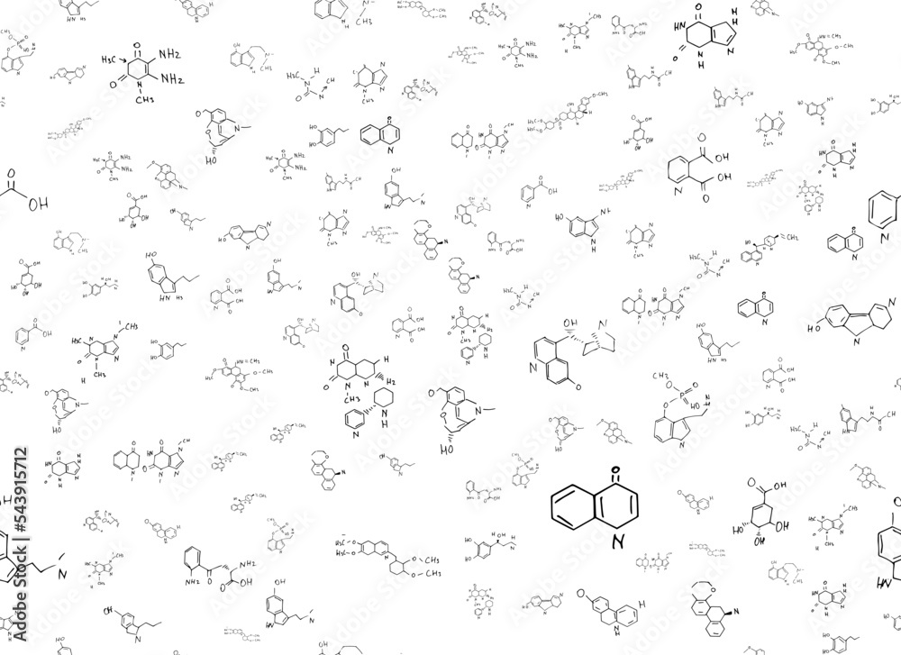 chemical formulas. scientific, educational background on white. hand ...