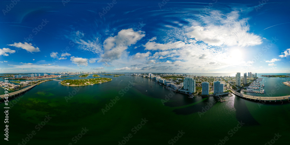 360 aerial Miami Beach FL Biscayne Bay and Macarthur Causeway Bridge ...