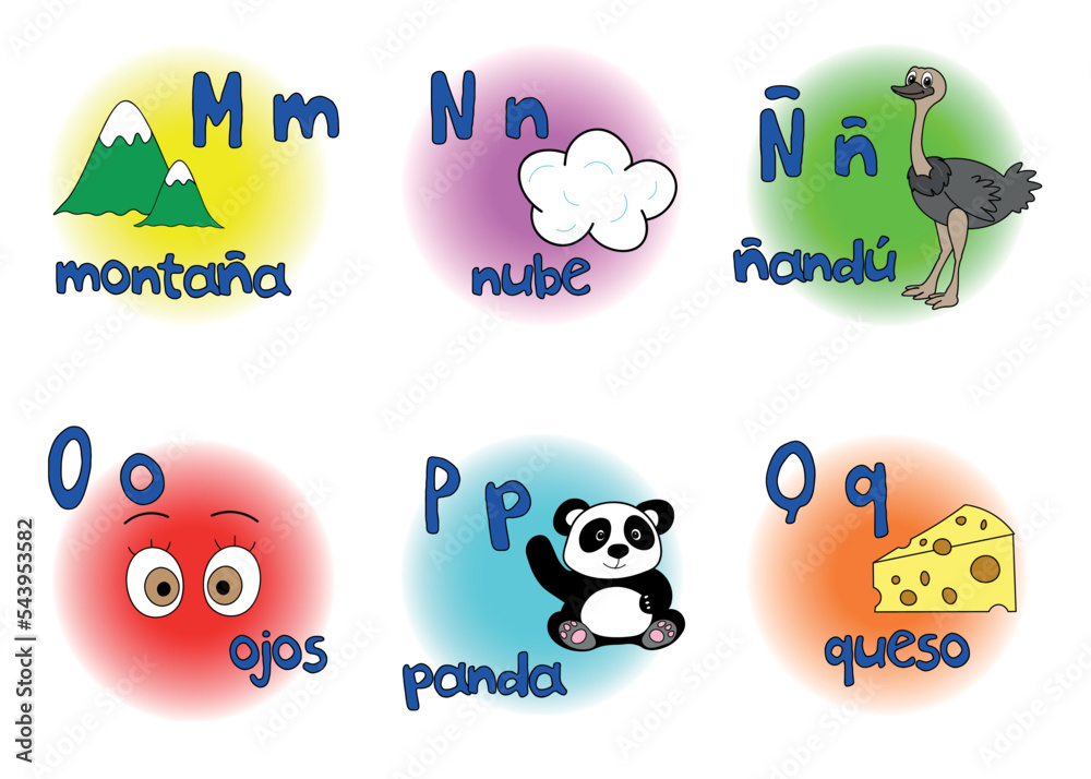 six letters of spanish alphabet with upper and lower case letters and ...