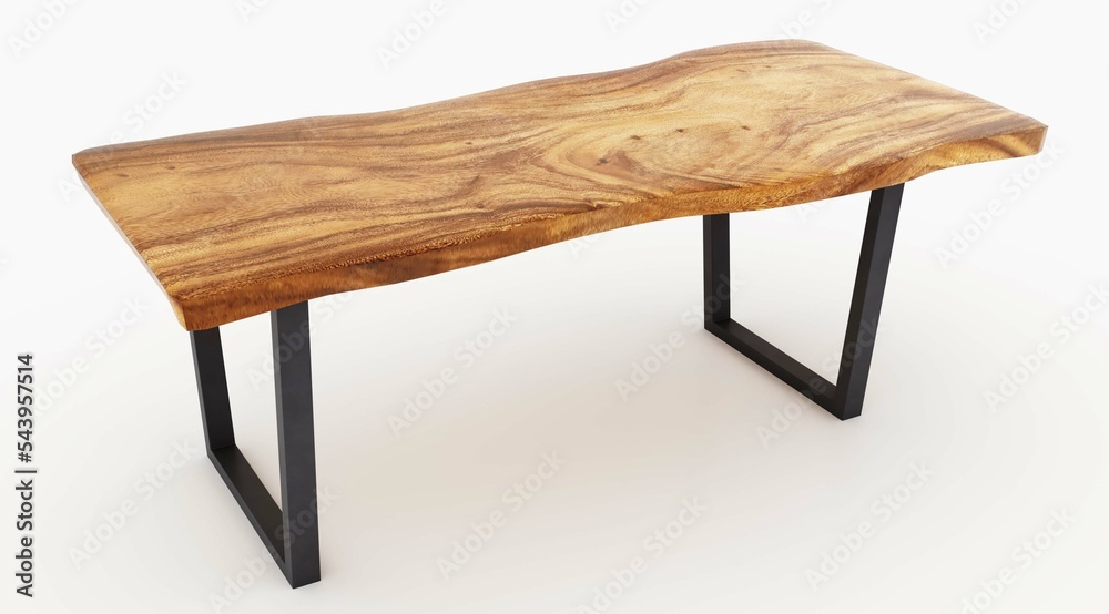 Wooden lacquered table with black metal legs on white background ...