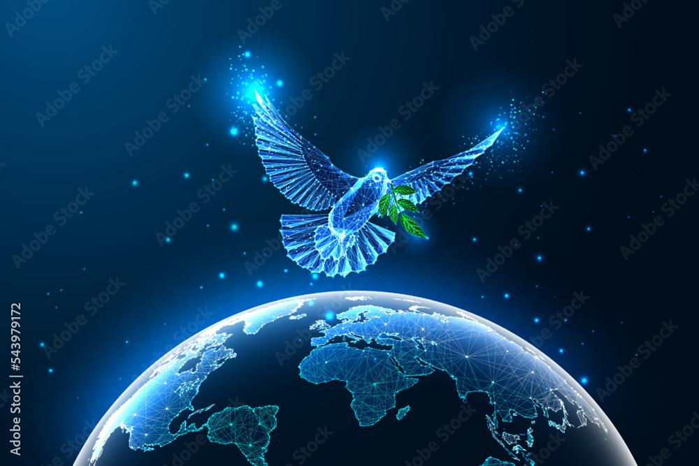 World peace concept with flying dove and planet Earth map from space in ...