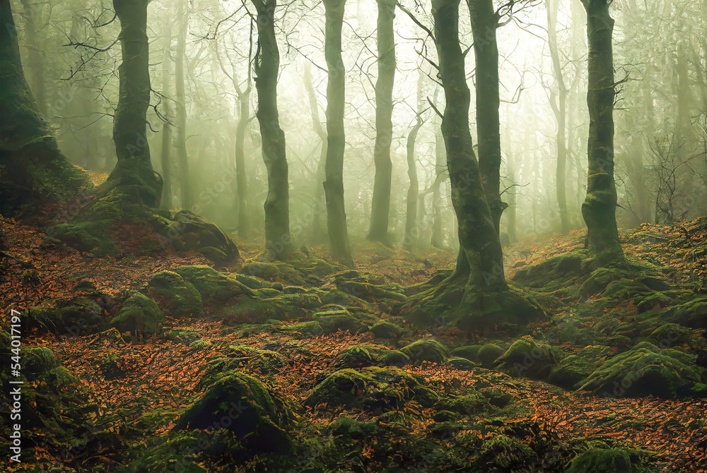 An ancient mysterious autumn forest in the fog. Moss-covered trees and ...