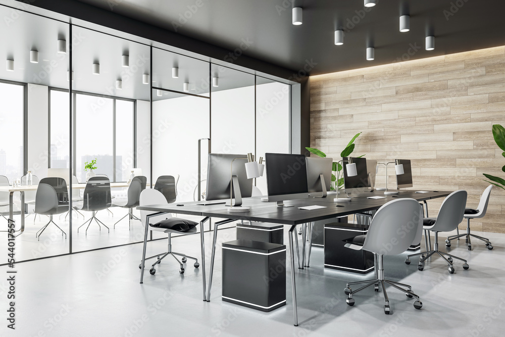 Perspective view on stylish workspace with modern computers in spacious ...