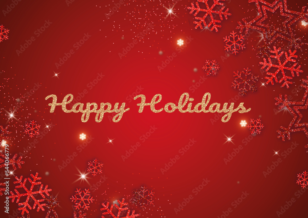 Red Christmas background with red and gold snowflakes, stars and bokeh ...