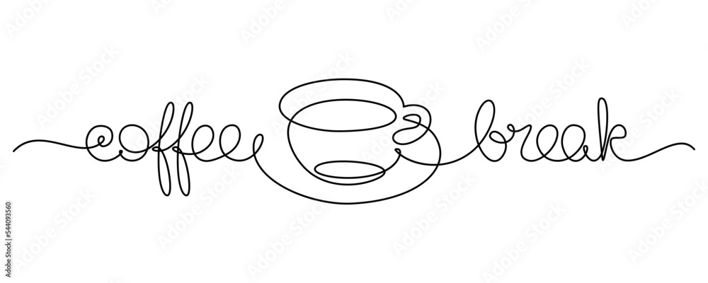 Coffee break inscription in continuous line art drawing style. Time to ...