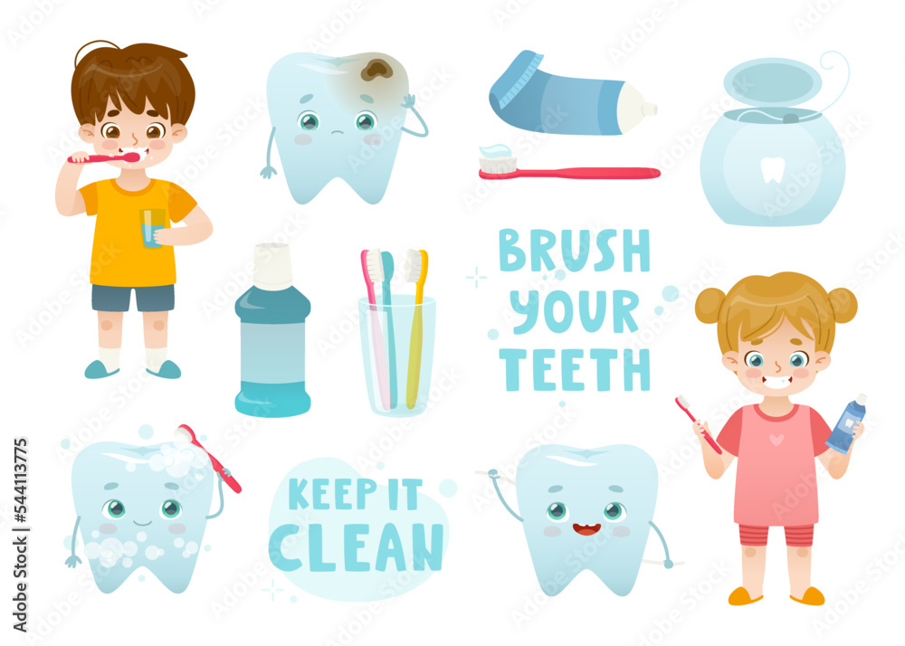Dental hygiene cartoon set with kids and teeth. Dental care toiletries ...