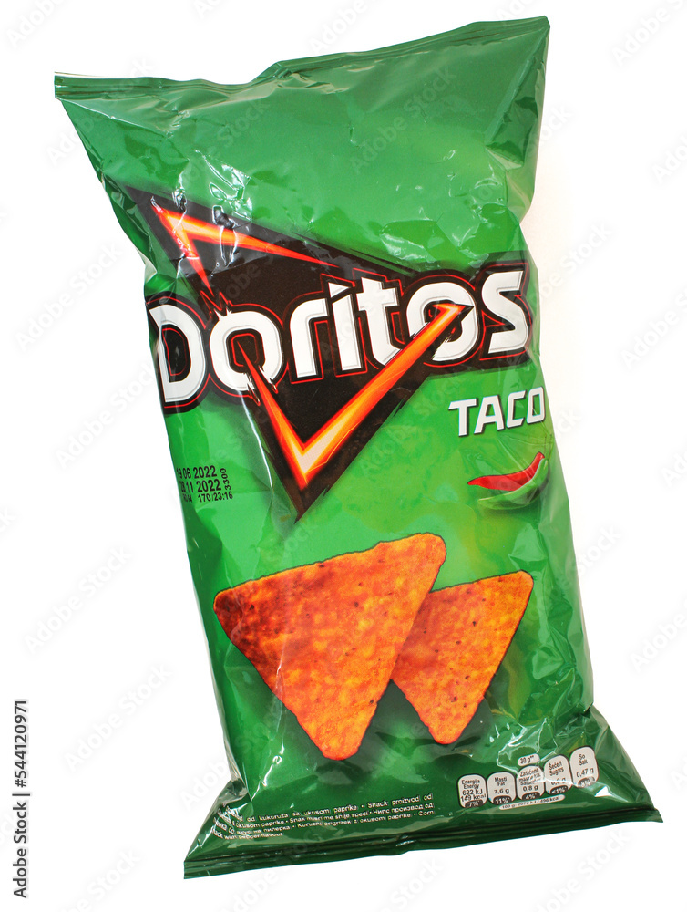 Green Doritos taco triangle shaped tortilla chips bag isolated on white ...