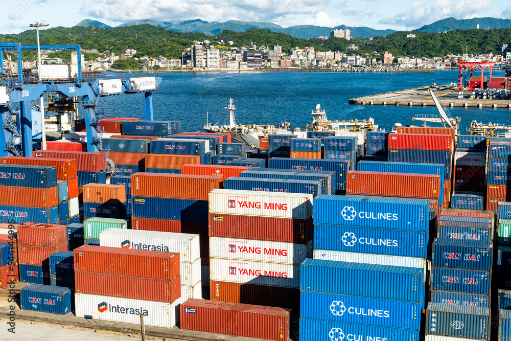 Keelung City, Taiwan- August 14, 2022: Panoramic view of the container ...
