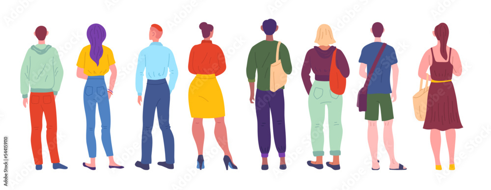 Cartoon Color Characters People Man and Woman Standing Back View Set ...