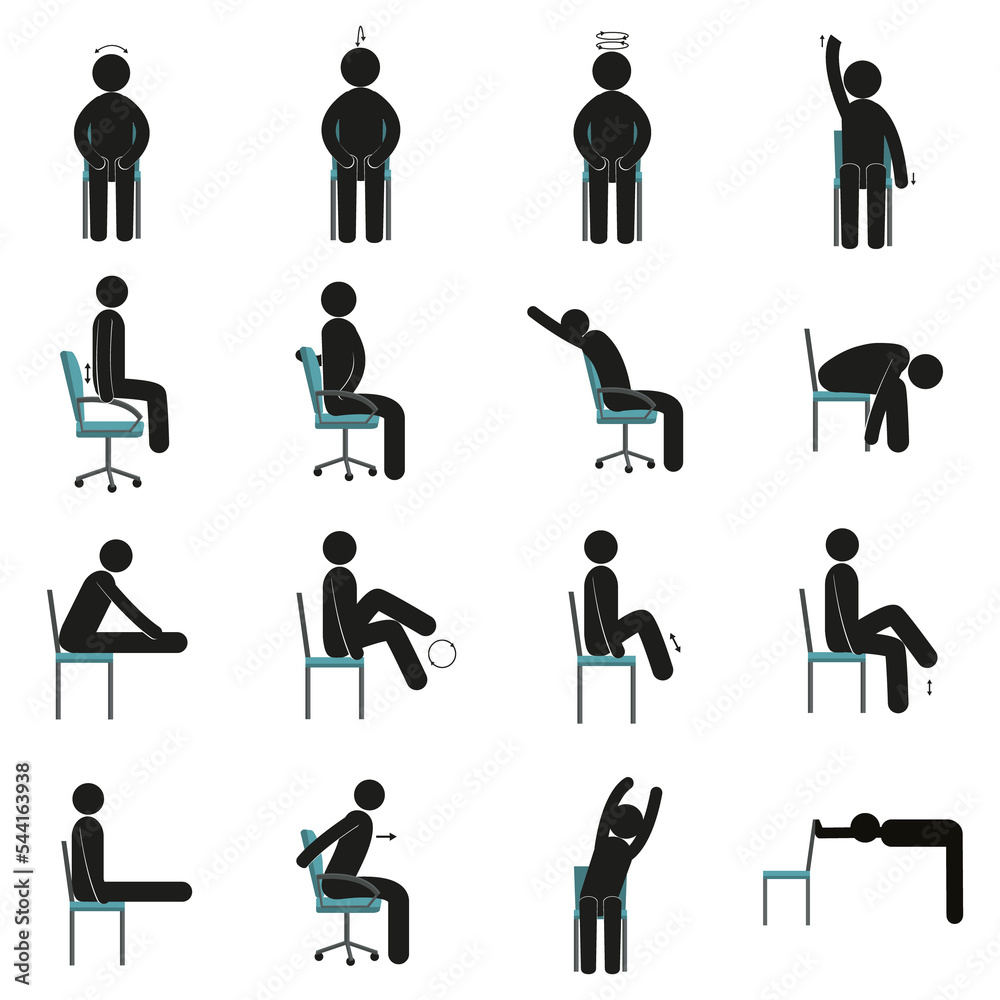 Exercises on chair stick man set. Cut out PNG illustration on ...