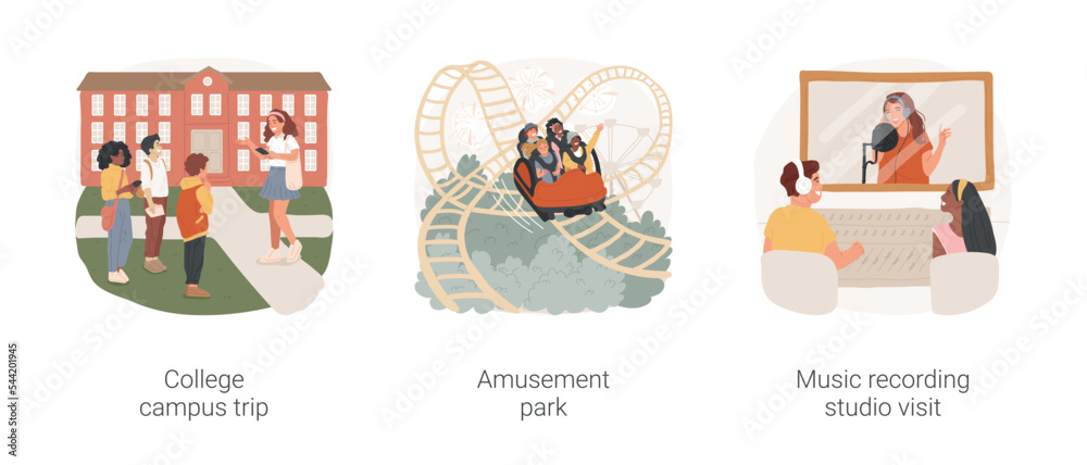 Стоковий вектор Class field trips isolated cartoon vector illustration set. College campus field ...