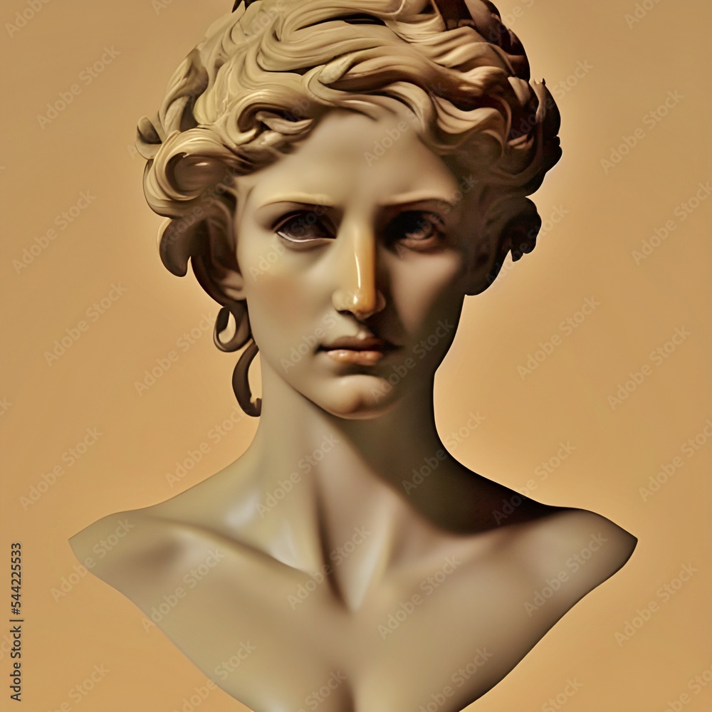 3D illustration of a white marble bust featuring a young woman ...