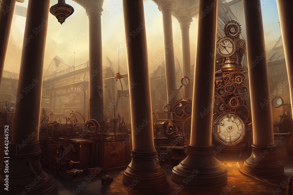 Steampunk Workshop with Leaning Columns and Clockwork Machines. Ancient ...