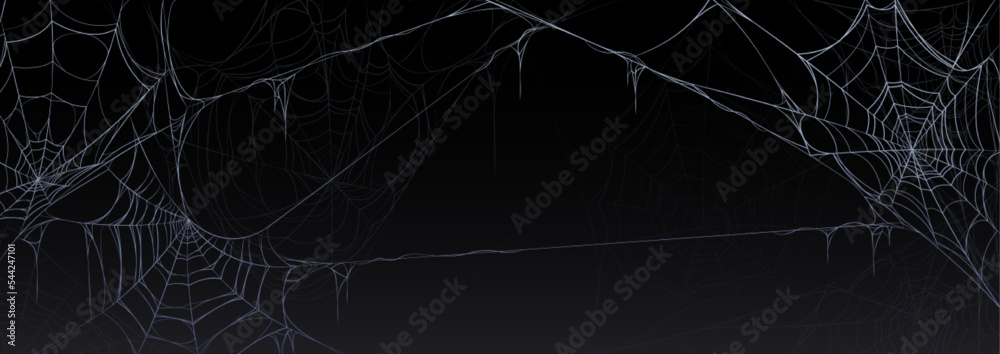 Scary Halloween banner with old spider web hanging in corners on black ...