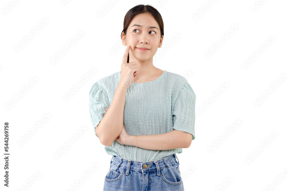 Beautiful young Asian girl thinking and looking upwards. The concept of ...