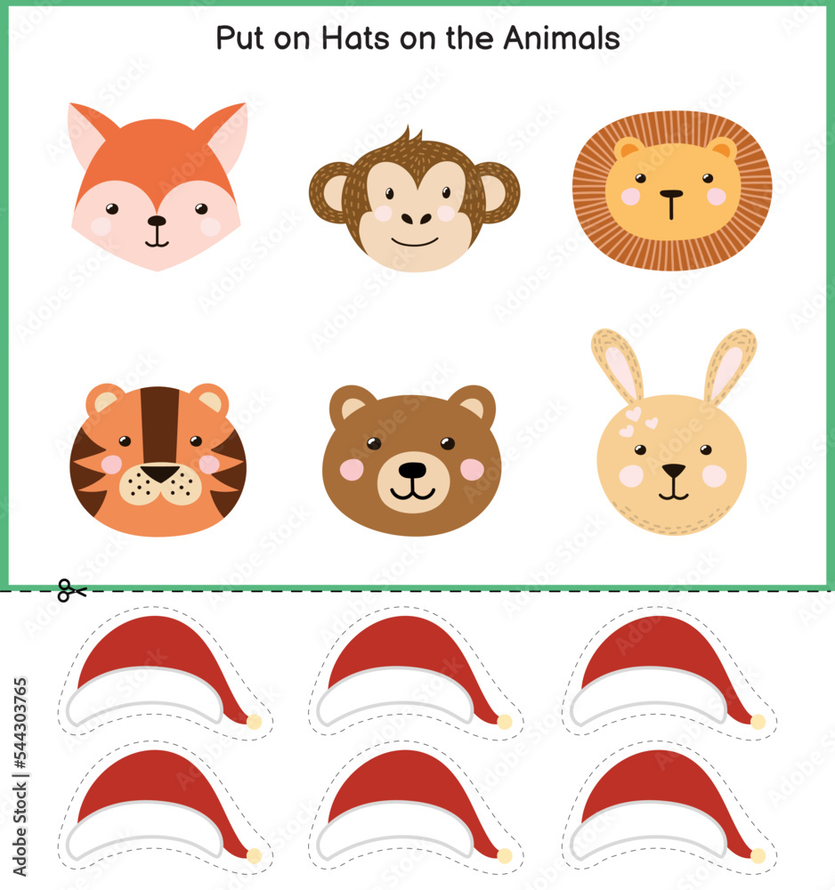 Put on hats on the animals cut and glue activity page for kids ...