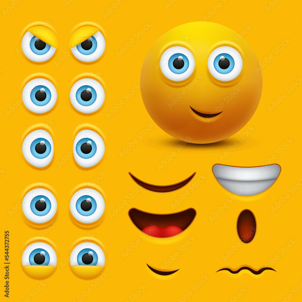 Cartoon yellow 3d face character creation constructor. Emoji with ...