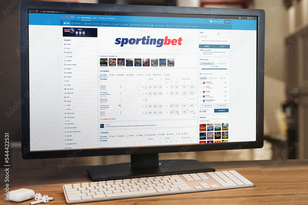 Sportingbet betting website on computer screen. Monitor, keyboard and ...