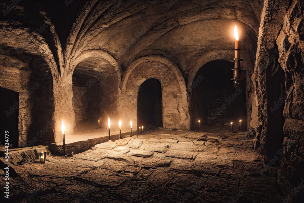 Environment with medieval catacombs with covered floors, with torches ...