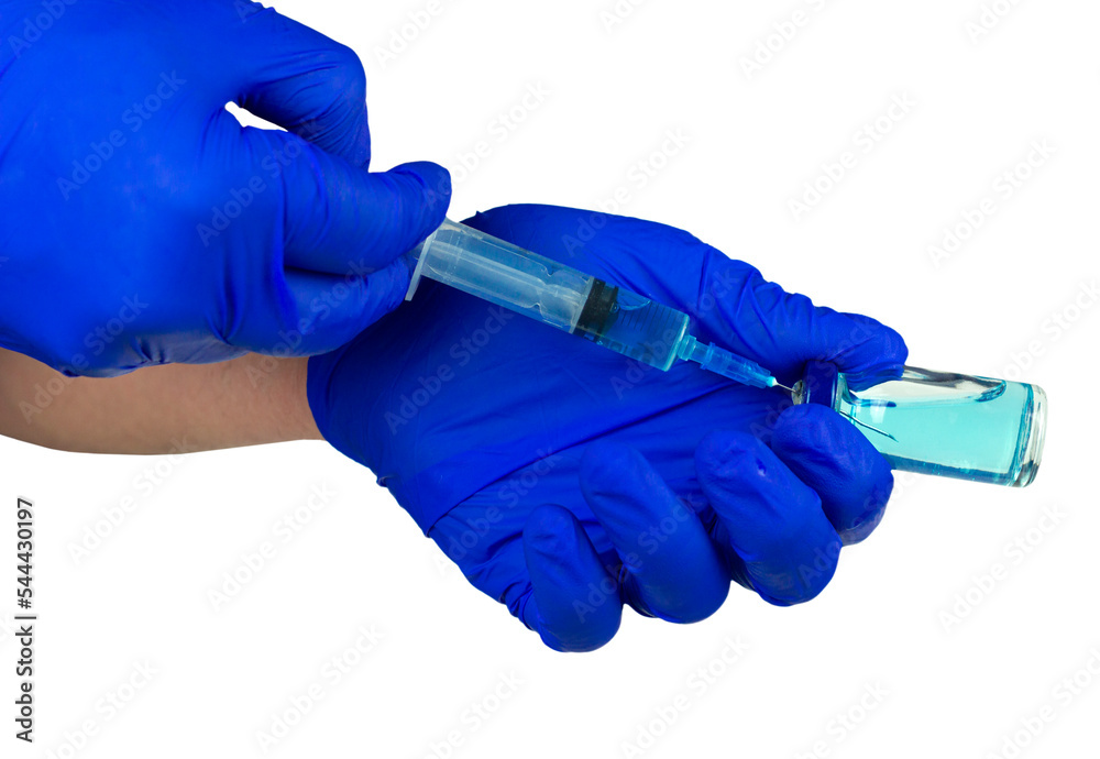We draw out the injection liquid or vaccine with a syringe. Doctor's ...