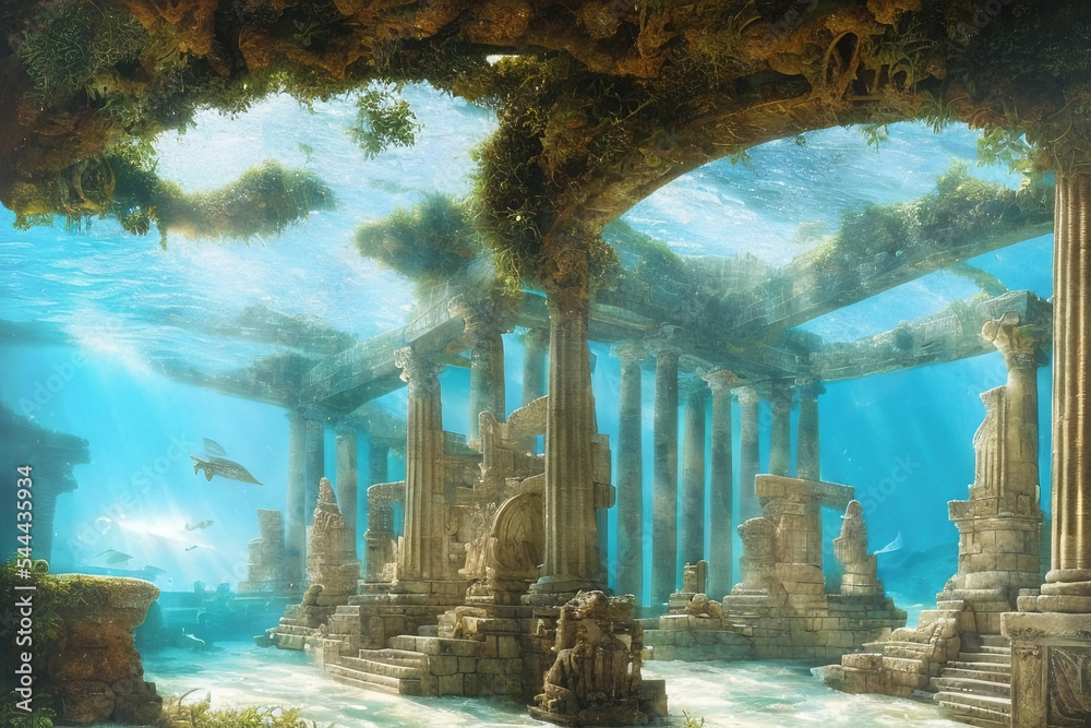 fantasy illustration of underwater view of submerged ruins of ancient ...