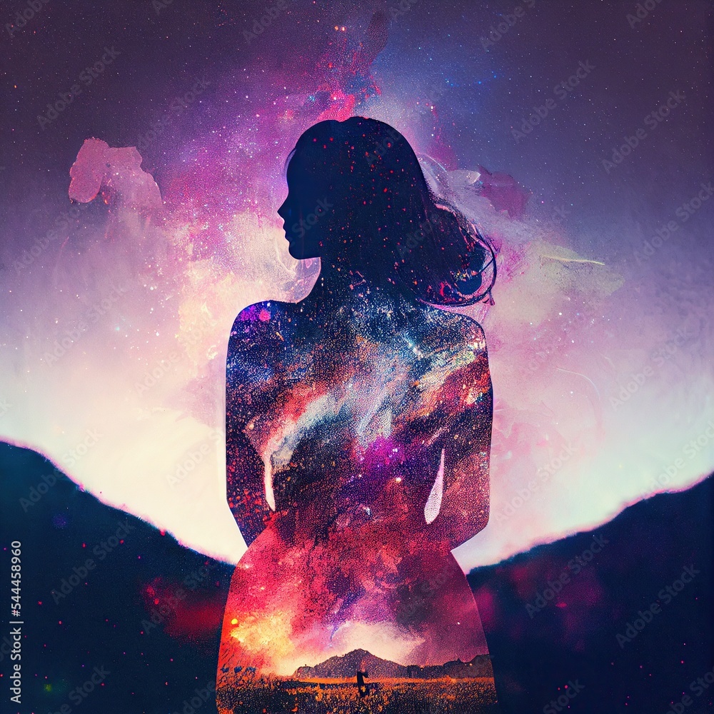 Female body, woman silhouette, double exposure with cosmic universe ...