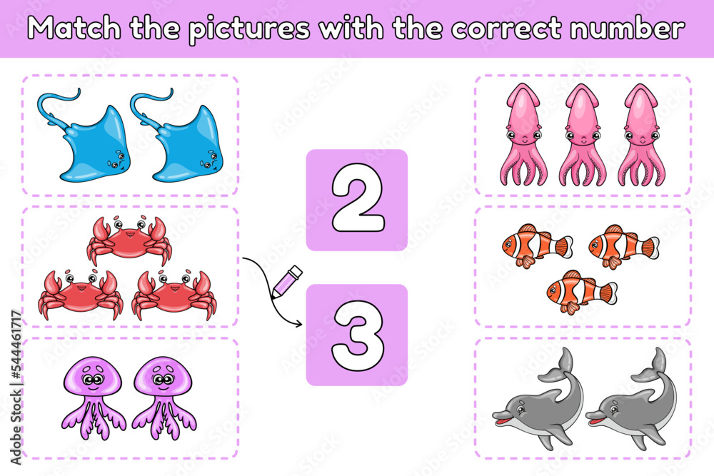 Counting development game for children. Match the pictures with the ...