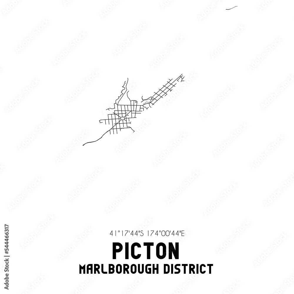 Picton, Marlborough District, New Zealand. Minimalistic road map with ...