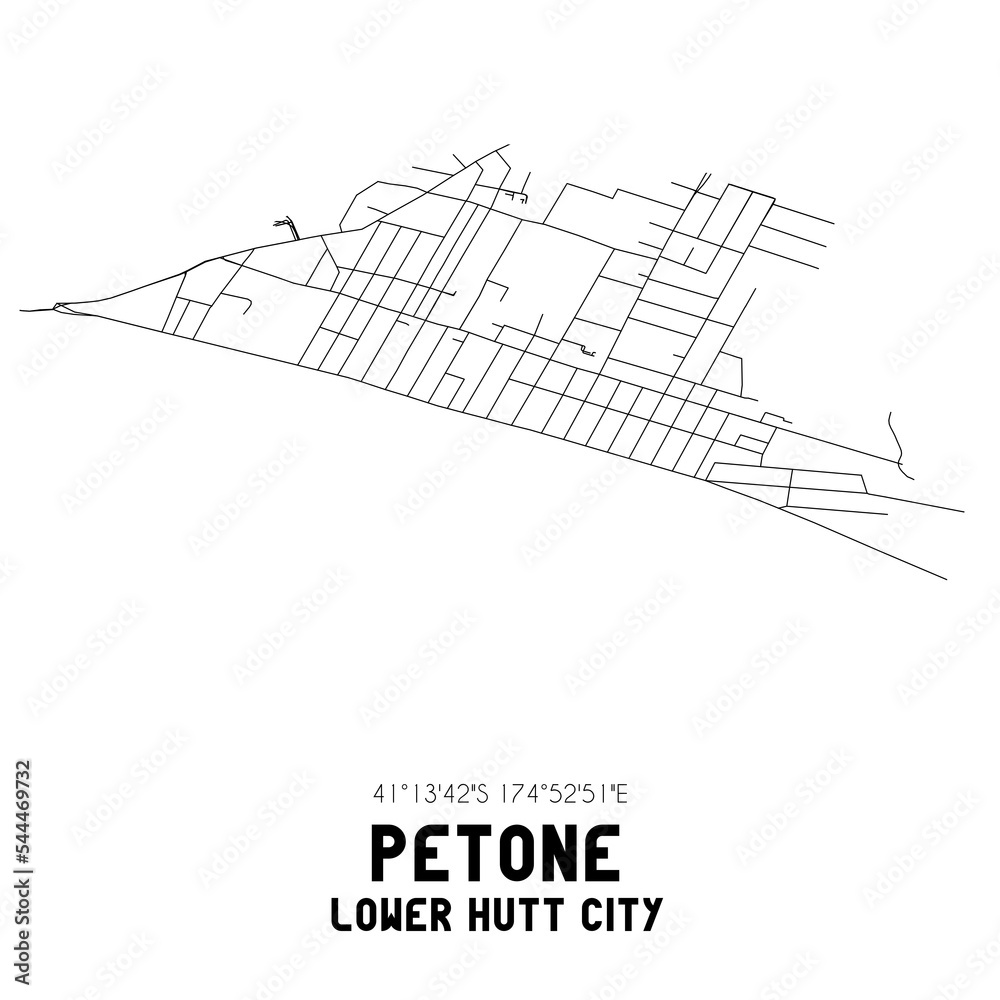 Petone, Lower Hutt City, New Zealand. Minimalistic road map with black ...