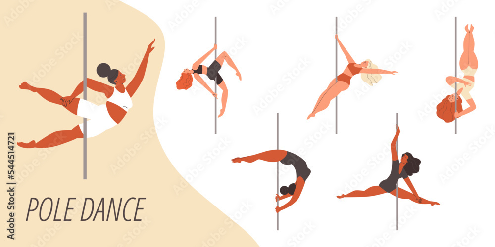 Set of pole dance performers exercising on pylon, flat vector ...