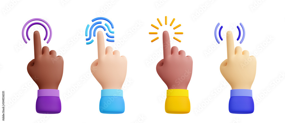 Computer cursor with hand and click icon. Diverse man arms with fingers ...