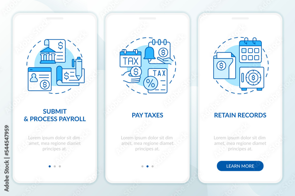 Stages of payroll processing blue onboarding mobile app screen. Walkthrough 3 steps editable ...