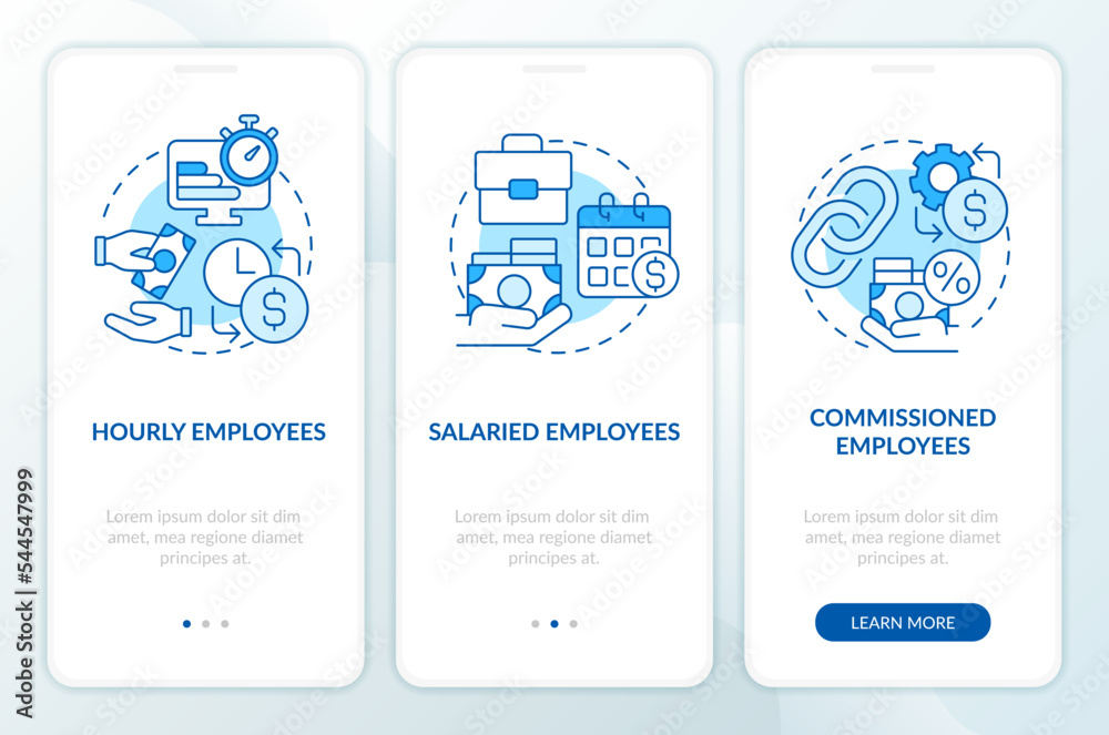 Payroll processing methods blue onboarding mobile app screen. Wage walkthrough 3 steps editable ...