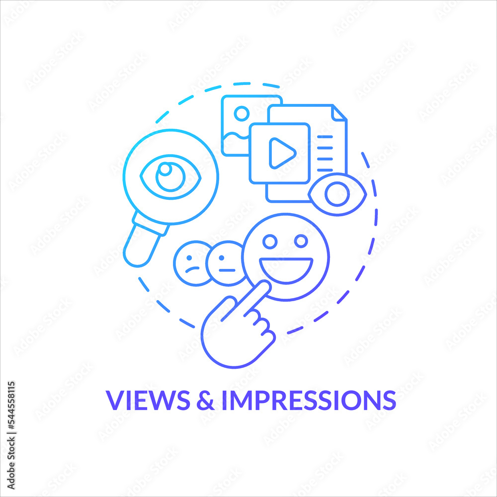 Views and impressions blue gradient concept icon. Post metrics. Social ...