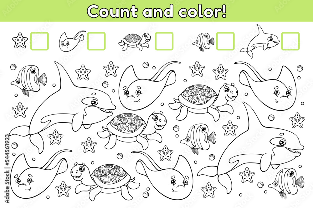 Educational math game for kids. Find, count how many objects and color ...