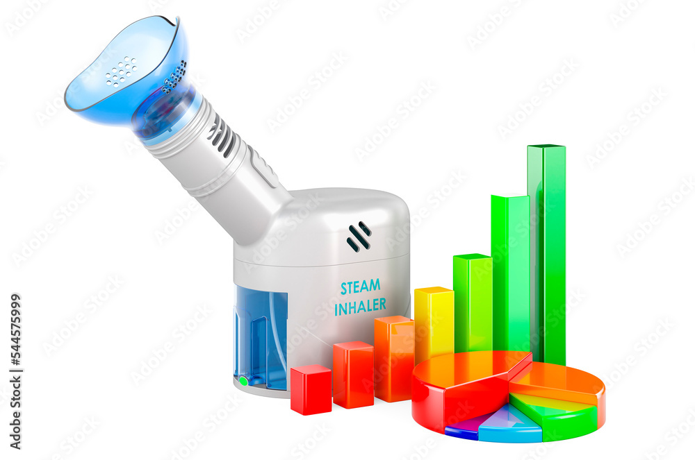 Ilustración de Stock Steam inhaler with growth bar graph and pie chart ...