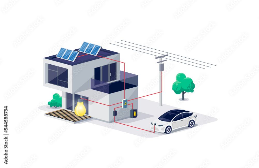 เวกเตอร์ Stock Isolated house electricity scheme with energy storage on ...