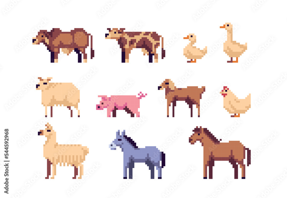 Farm Animals pixel art set. Sheep, cows and horse collection. Duck, chicken and goose. Llama and ...